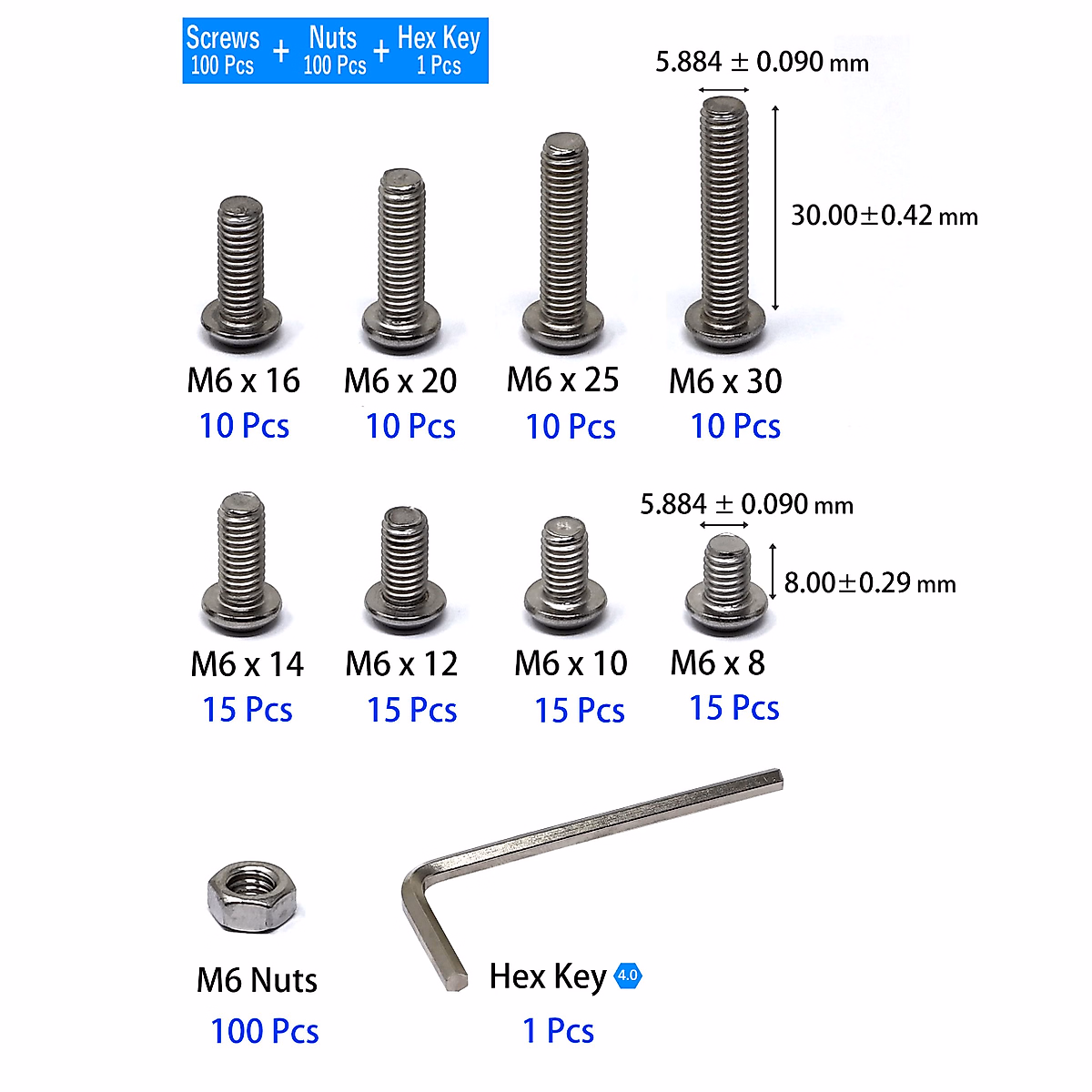 iexcell 200 Pcs M6 x 8/10/12/14/16/20/25/30 Stainless Steel 304 Hex Socket Button Head Cap Screws Bolts Nuts Assortment Kit