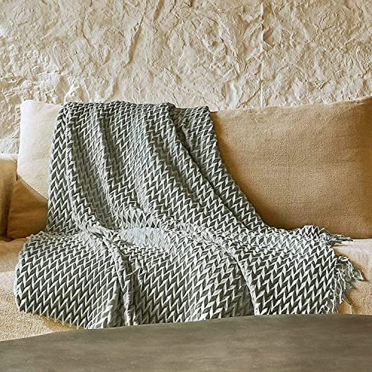 ZonLi Thin Throw Blanket 70"x50" for Couch Light Sage Green and Grey Boho Shawl Blanket Soft Decorative Lightweight Bed Throws with Tassels for Living Room Chair Sofa Travel Bed Throws