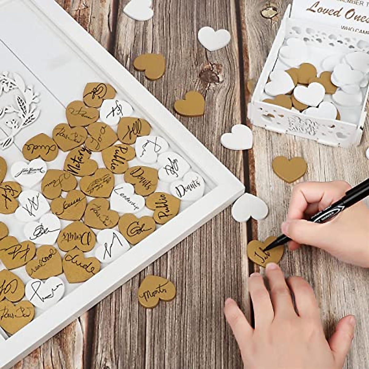 Yeghujar Wedding Guest Book Alternative, 80Pcs Gold & White Wooden Hearts for Guest Book, Pen Sign Drop Wooden Frame and Blackboard, Rustic Guest Book Alternative Wedding Signs Reception Decorations