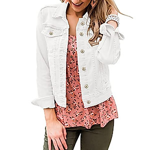 Vetinee Women's White Jean Jacket Women Basic Stretch Fitted Casual Button Down Truker Denim Jacket Long Sleeve Pockets Jean Coat Large Size 12 Size 14