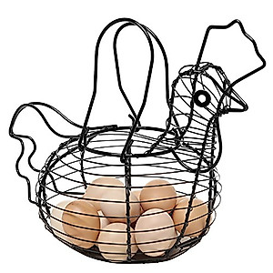 MyGift Black Metal Wire Egg Basket with Chicken Shape Design, Farm Fresh Egg Collecting Basket, Decorative Farmhouse Kitchen Storage Baskets