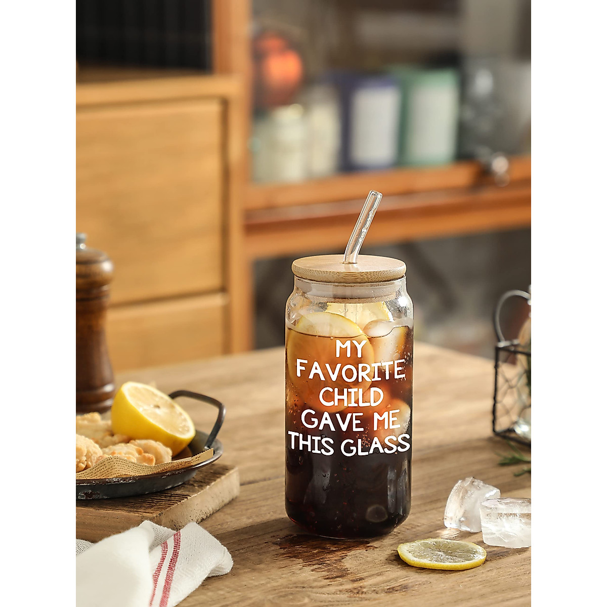 WODOHOLO Birthday Gift for Dad Mom from Daughter, Son, Father Birthday Gifts, Fathers Day Drinking Glass Cup 16oz with Lid and Straw Can Shaped Glass Mama Iced Coffee Bear Can Glass Tumbler