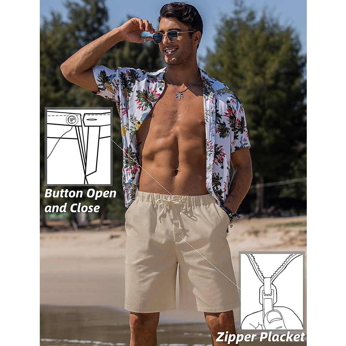 COOFANDY Men's Summer Beach Shorts Lightweight Stretch Waistband Shorts Linen Hawaiian Shorts Khaki