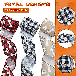 3 Rolls 19.5 Yards Paw Print Ribbon Dog Bone Ribbon Dog Paw Wrapping Ribbon Paw Print Wired Edge Ribbon Decorative Wrapping Ribbons for DIY Wrapping Craft（Beige, Red Black Plaid, White Black Plaid）