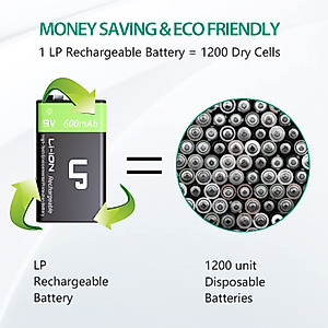 LP Rechargeable 9V Lithium Batteries - 600mAh Long Lasting LI-ion Batteries with Micro USB Charging Station - 4-Pack 9 Volt Batteries