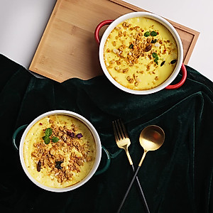 Sweejar Porcelain Soup Bowls with Handles, 28OZ Substantial Crocks for Soup, Oatmeal, Ramen, Functional and Stackable Set of 4, Dishwasher and Microwave Safe (Red)