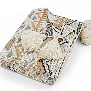 Knitted Throw Blanket for Couch with Tassels, Boho Style Throw for Home Decor, Small Cozy and Soft Blanket for Sofa or Outdoor, Navajo Farmhouse Blankets 50 x 60 Inches