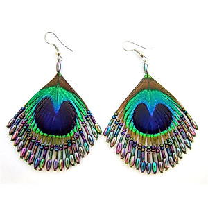 Swimmi Iridescent Peacock Feather Earrings, Hand Beaded Rainbow Color Beads Peacock Earrings for Women, Handmade Dangle Drop Feather Earrings Fashion Jewelry FA014