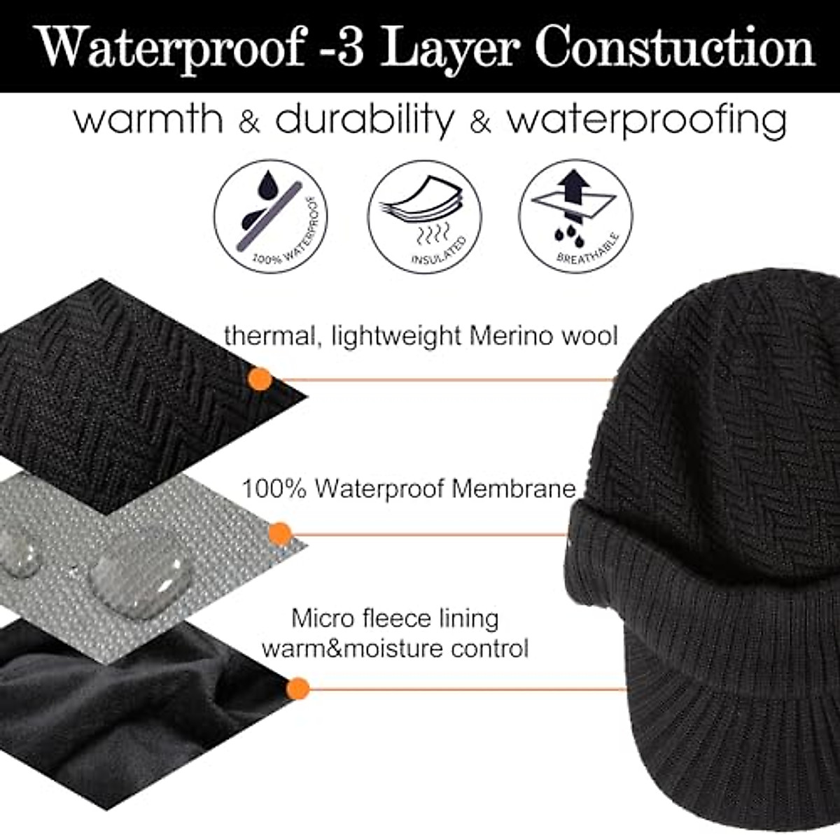 TOP-EX Waterproof Winter Wool Knit Hat with Visor, Mens Brim Beanie & Scarf Set, Women Cold Weather Skull Stocking Cap Fleece Lined & Neck Cover Black,X-large XL XXL XXXL Extra Large Big Head Oversize