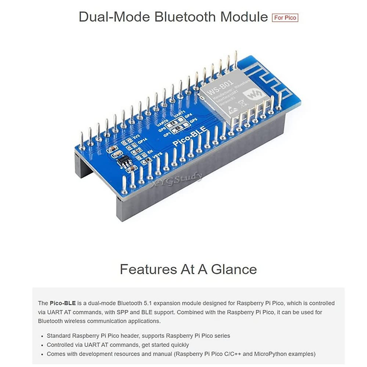 Dual-Mode Bluetooth Module for Raspberry Pi Pico, SPP / BLE, Bluetooth 5.1 Wireless @XYGStudy (Pico-BLE)
