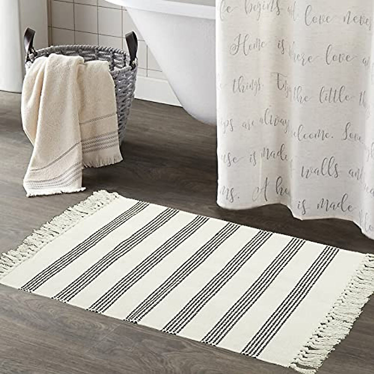 Boho Bathroom Rug 2X3 ft LEEVAN Geometric Cotton Striped Rug with Tassel Door Mat Cotton Line Indoor Floor Mat Bohemian Hand Woven Chic Printed Bedside Rugs for Kitchen Living Room