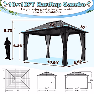 VEIKOU 10' X 12' Outdoor Gazebo, Galvanized Steel Hardtop Gazebo w/Netting and Curtains, Patio Gazebo with Single Roof, Heavy Duty Gazebo for Garden, Lawn, Deck, Backyard