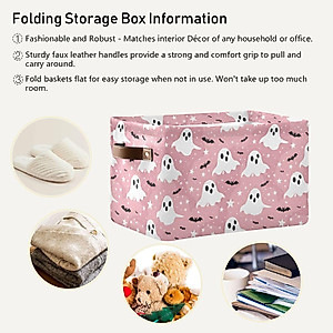 DALAWU Fabric Storage Boxes with Leather Handle, Set of 2, Halloween Ghosts Stars Waterproof Collapsible Canvas Organiser Cubes Bins for Toys Clothes Shelves Closet Household Organizer