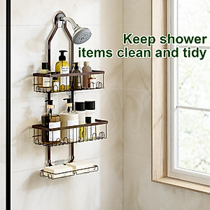 Fixwal Shower Caddy Over Shower Head, No Drilling Bathroom Hanging Shelf Storage Organizer Rack Basket with Hooks, 2 Soap Holders and Adhesives, Rustproof Waterproof Anti-Swing, Bronze