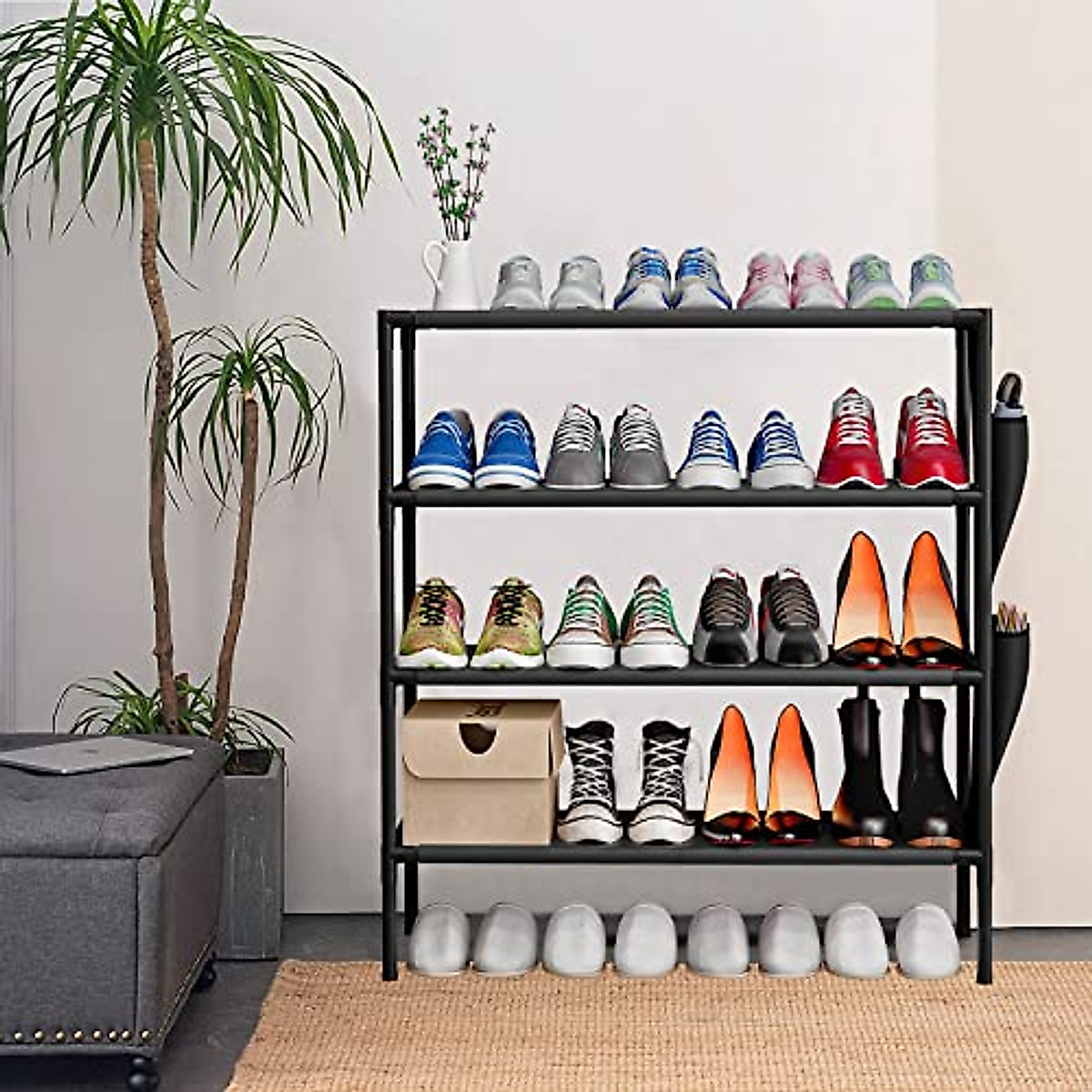 SORCEDAS Shoe Rack Storage Organizer 4 Tier Black Metal Stackable Shelf with Side Pocket for Closet Entryway Floor Hallway (4 Tier, Black)