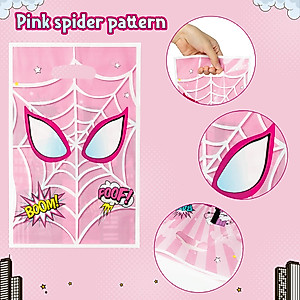 Andi Cppss Pink Spider Party Bags - 50PCS Pink Spider Party Gift Bags for Kids, Plastic Goodies Bags with Handle for Pink Spider Theme Party Supplies, Baby Show Birthday Party Treat Candy Snack Bags