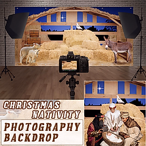 Preboun Christmas Nativity Garage Door Banner Cover Nativity Stable Scene Backdrop Banner Farm Barn Backdrop Christmas Banner Western Photo Backdrop Outdoor Xmas Holiday Winter Party Decor (8 x 16 FT)