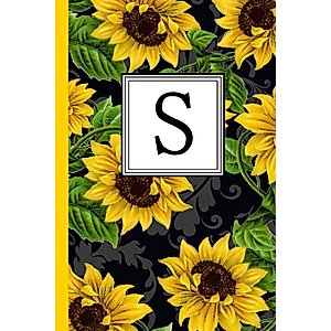S: Floral Letter S Monogram personalized Journal, Black & Yellow Sunflower pattern Monogrammed Notebook, Lined 6x9 inch College Ruled 120 page perfect bound Glossy Soft Cover