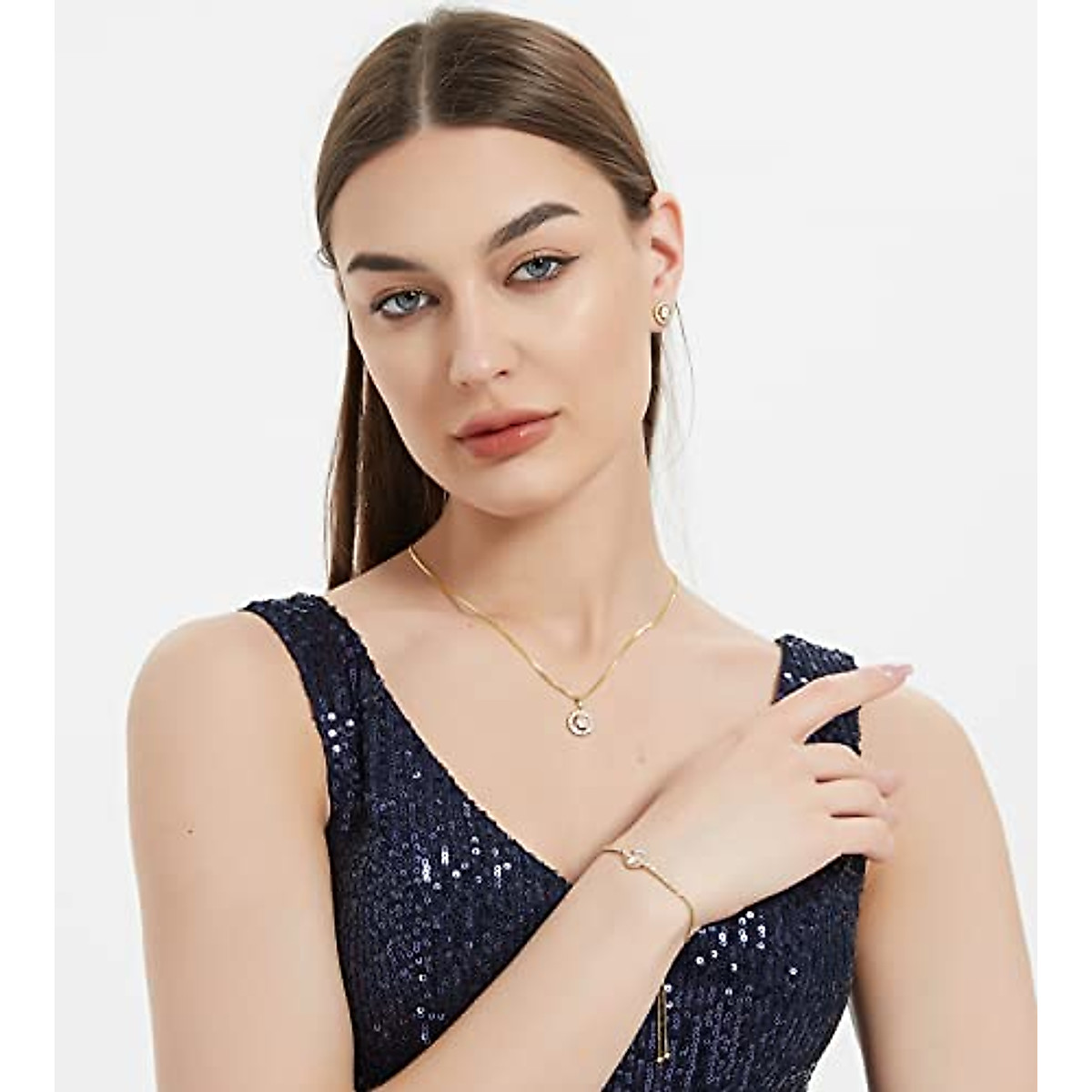 UDYLGOON Round Earrings Necklace Bracelet Jewelry Set For Women Bridal Bridesmaid Party Prom Daily (Gold)