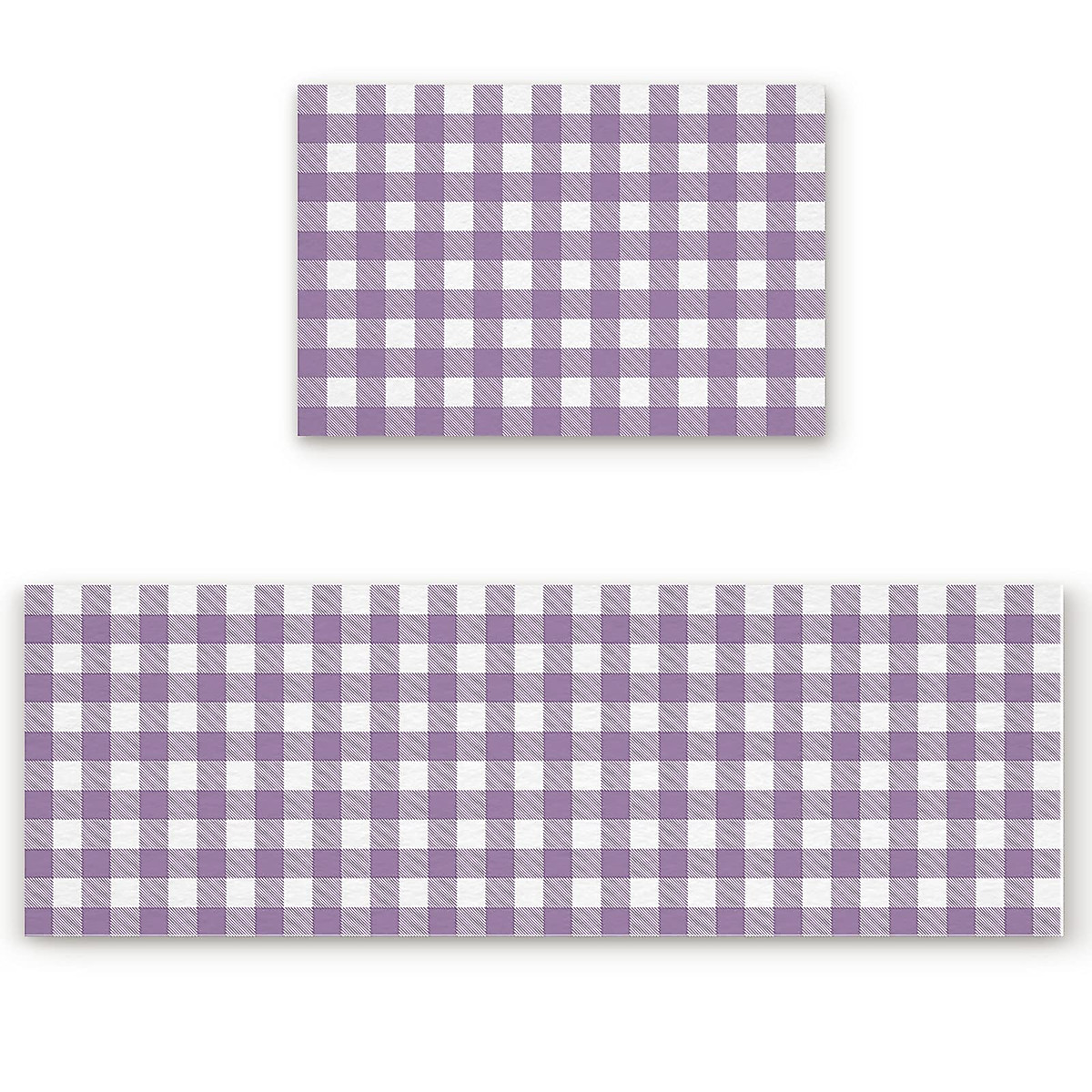 Kitchen Rugs, Purple and White Buffalo Check Plaid Gingham Farmhouse Decoration Non Slip Runner Rug Mat for Floor, Kitchen, Bedside, Sink, Office, Laundry, Set of 2