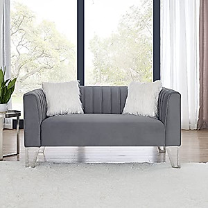 Melpomene Velvet Living Room Loveseat Sofa with Mirrored Side Trim,Faux Diamonds and 2 Villose Pillows,Grey