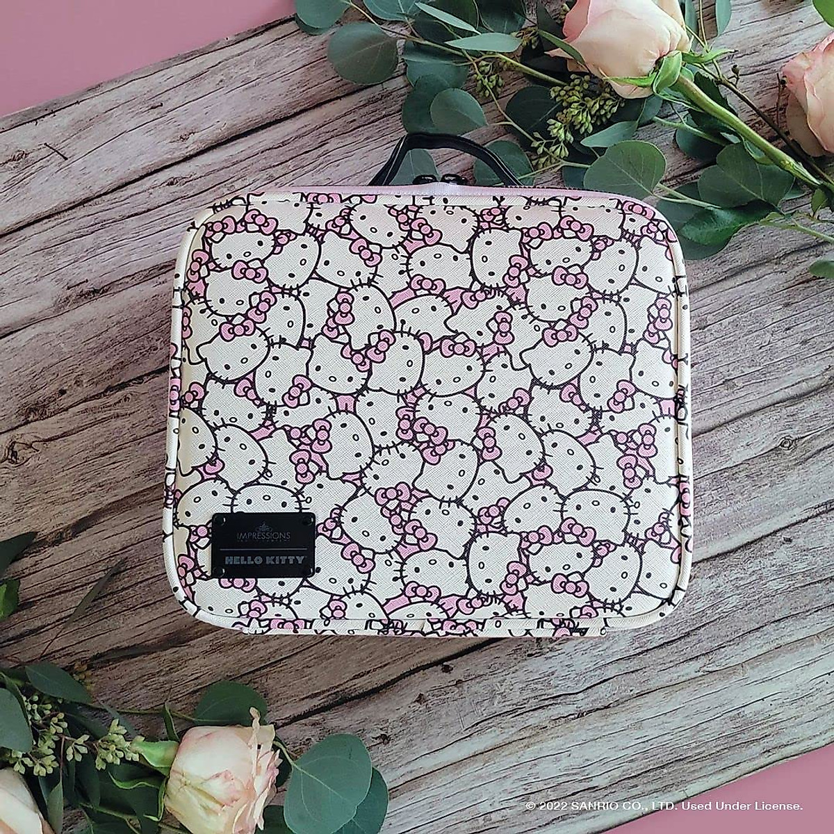 Impressions Vanity Hello Kitty Cosmetic Bag with Faux Leather,Travel Toiletry Bag with Inside Zipper Pockets, Waterproof Reusable Large Cosmetic Makeup Vanity Organizer (White/Pink)