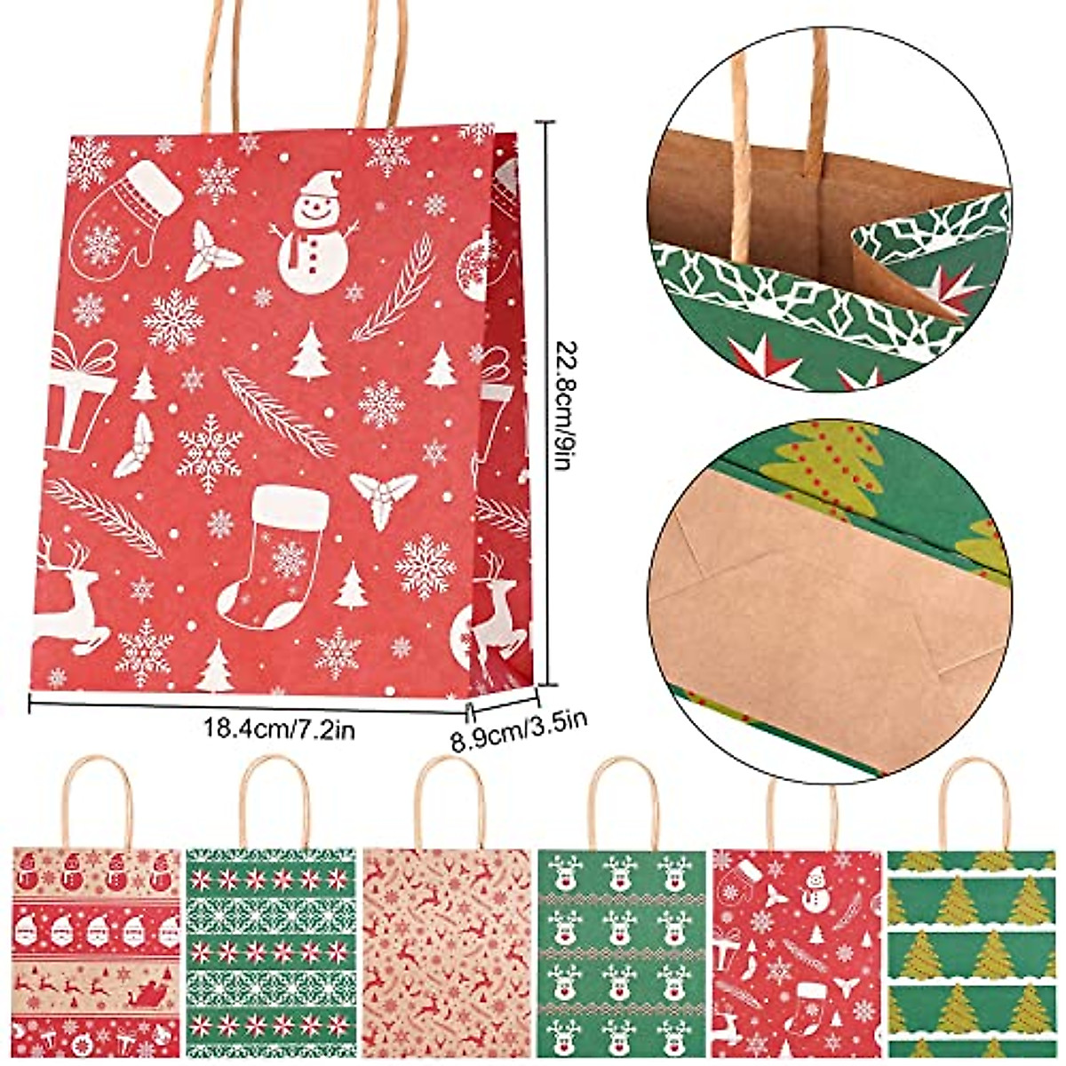 NEWBEA 24Pcs Christmas Gift Bags with Handle Holiday Gift Bags 9x7.2x3.5 inch Xmas Kraft Gift Bags 6 Patterns Design for Christmas Holiday Party