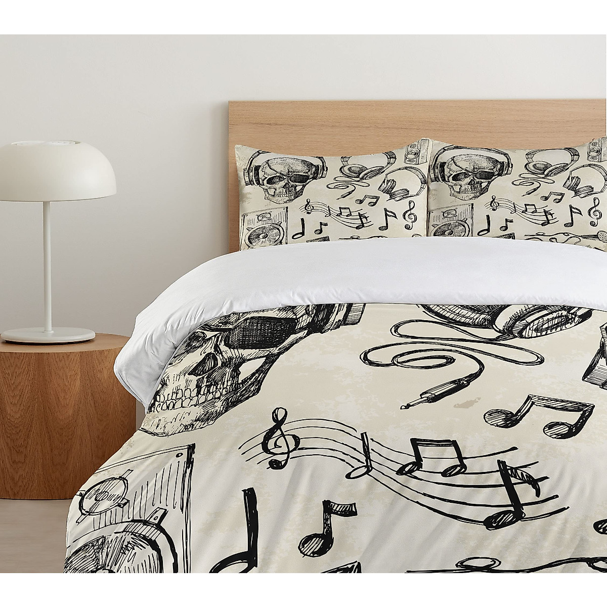 Ambesonne Music Duvet Cover Set, Sketchy Background Hipster Skull Headphones Record Player Mic Speakers Print, Decorative 3 Piece Bedding Set with 2 Pillow Shams, Queen Size, Beige Black