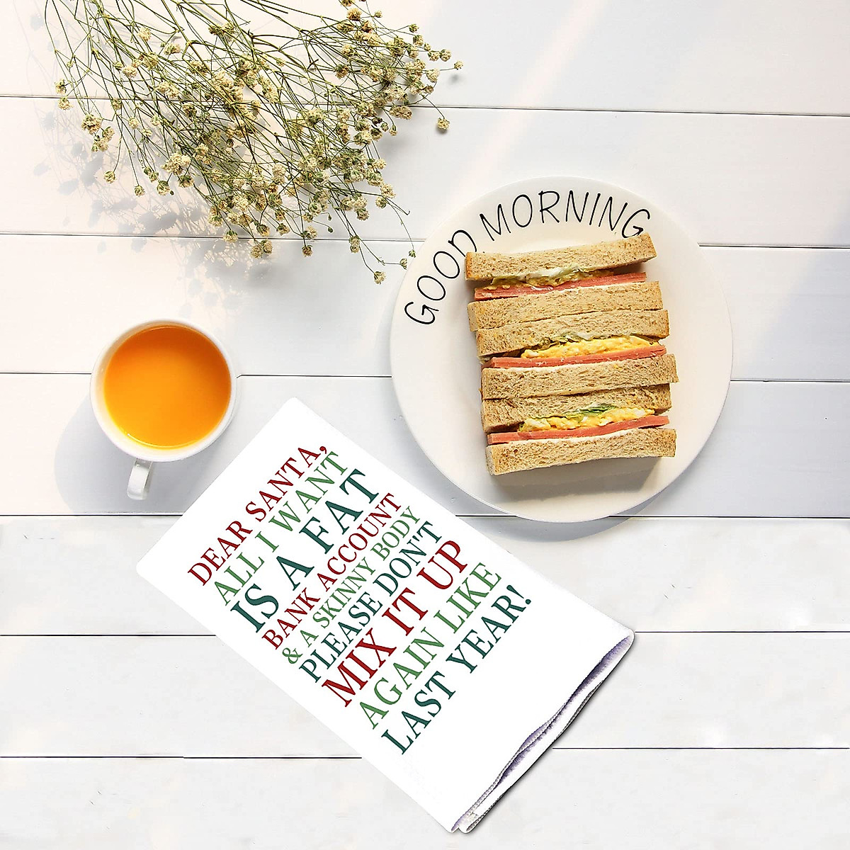 G2TUP Funny Christmas Santa Kitchen Towel, Dear Santa All I Want is A Fat Bank Account & Skinny Body Dish Towel, Christmas Decor White Hand Towel, Housewarming Gift (Dear Santa KT)