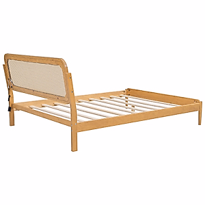 RuiSiSi Queen Bed Frame with LED Lights Rattan Platform Bed Frame with Natural Rattan Headboard (Natural, Queen)