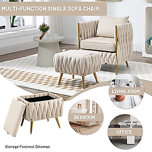 NIOIIKIT Modern Velvet Accent Chair with Storage Ottoman, Upholstered Hand Woven Lounge Chair with Pillow, Luxury Armchair, Vanity Chair for Living Room, Bedroom, Office (Beige)