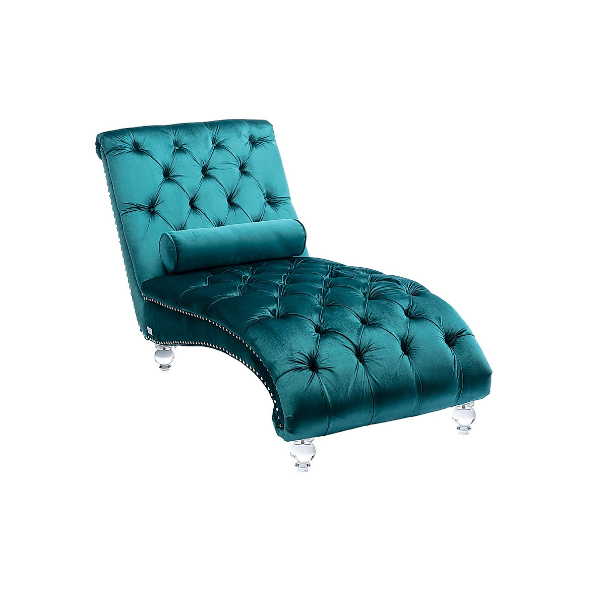 TRIPLE TREE Leisure Concubine Sofa with Acrylic Feet for Adults, Velvet Barrel Sofa with Lumbar Support Pillow, Traditional Design Chaise for Home Living Room, Bedroom, Reading Room, Office, Teal