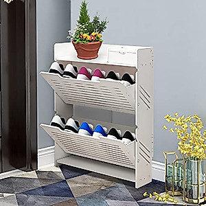 Cbhfmljd Modern Shoe Storage Cabinet, 2-Layer PVC Flip Drawer Shoe Rack Organizer Stand Entryway, Freestanding 2-Tier White Shoe Rack Hallways Photo Frame Tipping Bucket Storage Cabinet Stand