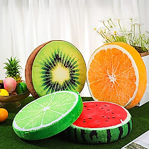 Coume 4 Pcs 15.7 Inch Round Fruit Pillows Stuffed Throw Pillows 3D Watermelon Kiwi Lemon Orange Decorative Floor Cushions Chair Toy Seat Floor Seat Cushions for Kids Couch Sofa Classroom