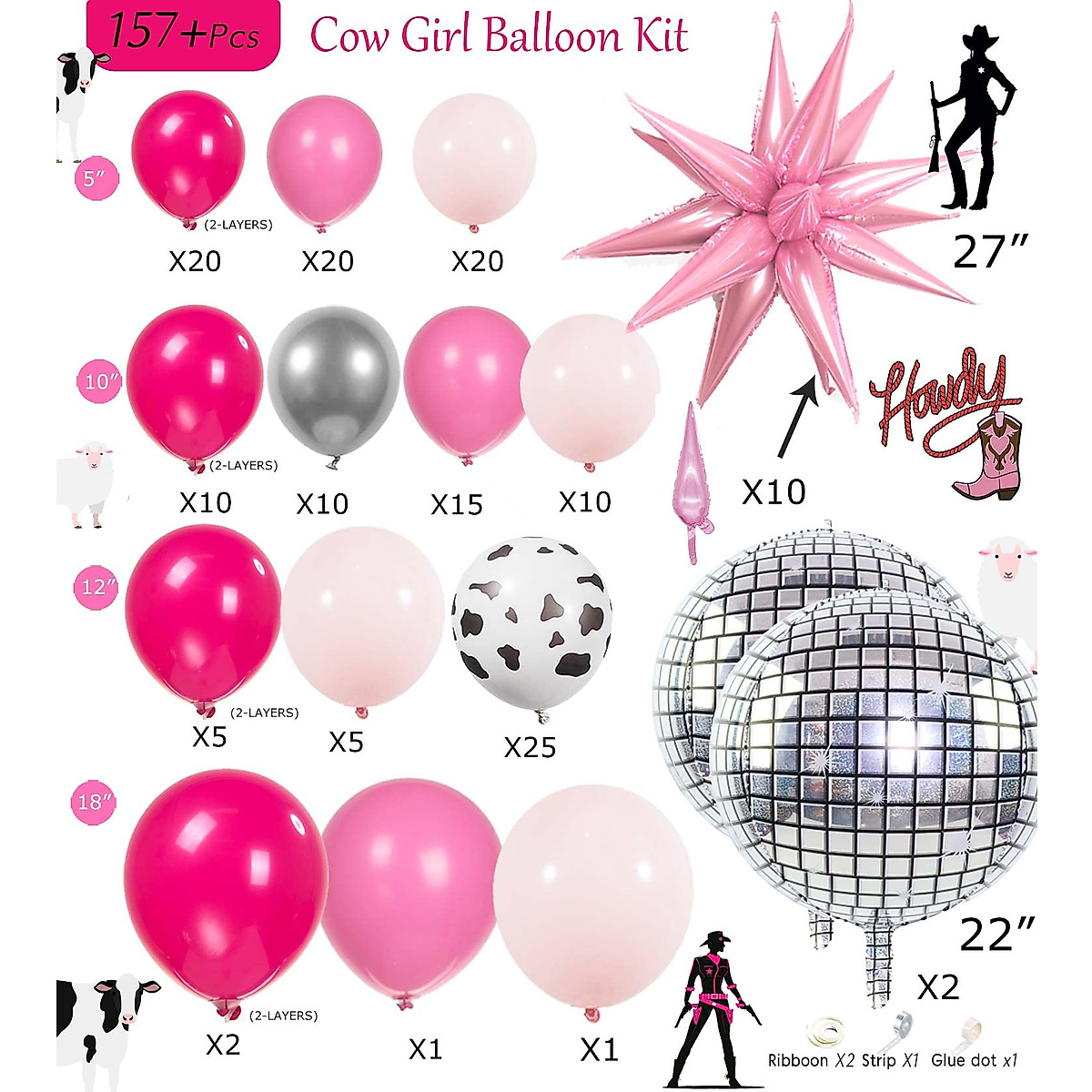 Hot Pink Silver Cow Balloon Garland Kit 157pcs Cow Print Disco Ball Star balloons for women birthday cowgirl last rodeo bachelorette party decorations