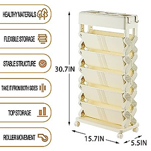 YAYLAIP Movable Bookshelf Cart, 6-Tier Large Capacity Movable Office Desk File Organizer with Wheel Multilayer Rotatable Removable Plastic Practical Rolling Covered