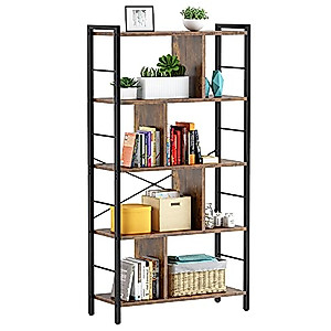 armocity Bookshelf, 5 Tier Tall Industrial Bookcase Wood Metal Frame Standing Book Shelf, Display Bookshelves Storage Organizer for Bedroom Living Room Home Office, Rustic Brown