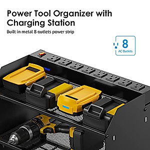 CCCEI Modular Power Tool Organizer Wall Mount with Charging Station. Garage 4 Drill Storage Shelf with Hooks, Screwdriver, Drill Bit Heavy Duty Rack, Tool Battery Holder Built in 8 Outlet Power Strip.
