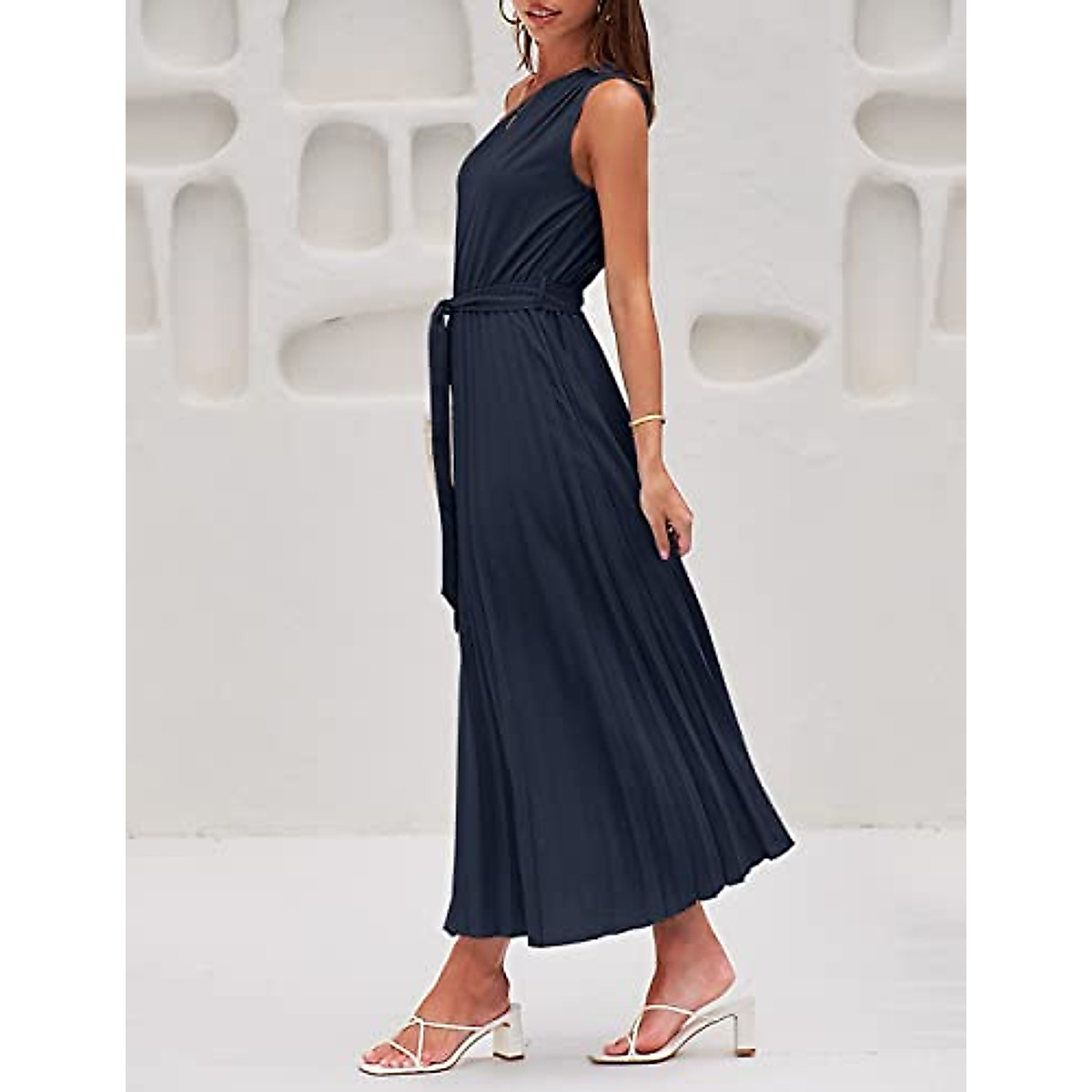 MEROKEETY Womens Sleeveless One Shoulder Pleated Belted Elastic High Waist Formal Midi Maxi Dress,Navy,M