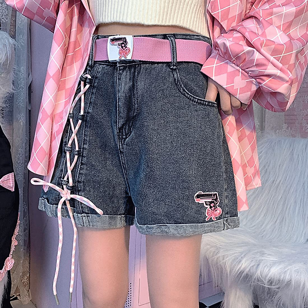 ZLMuMulin Y2K Harajuku Style Kawaii Gothic Straight Leg Loose A Line Folded Vintage Embroideried Print Jeans Shorts S Grey
