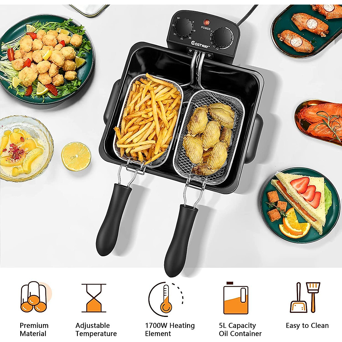 5.3QT Electric Deep Fryer with 3 Baskets, SIMOE 5L Stainless Steel Deep Fryer w/60 timer & Lid with view window, Home Countertop Oil Fryer w/Temperature Control for Kitchen, Party, French Fries
