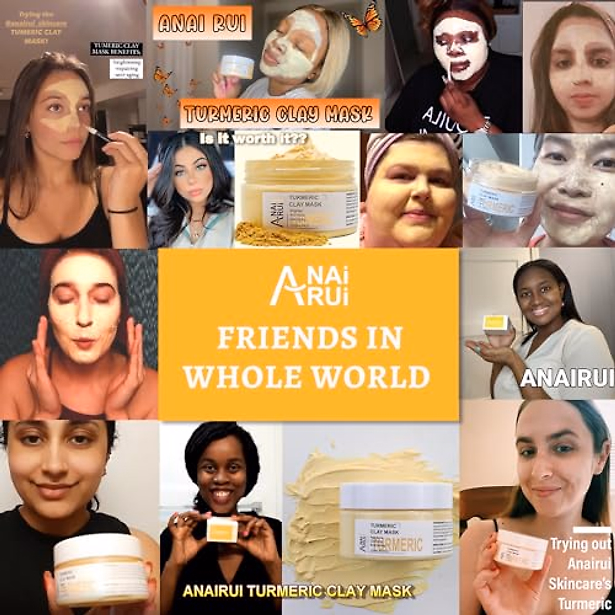 ANAI RUI Turmeric Vitamin C Face Mask for Dark Spots, Kaolin Clay Mask with Vitamin C E and Aloe, Skin Care Turmeric Clay Mask for Acne & Refineing Pores, Smooth & Radiant Skin, 4.23 OZ