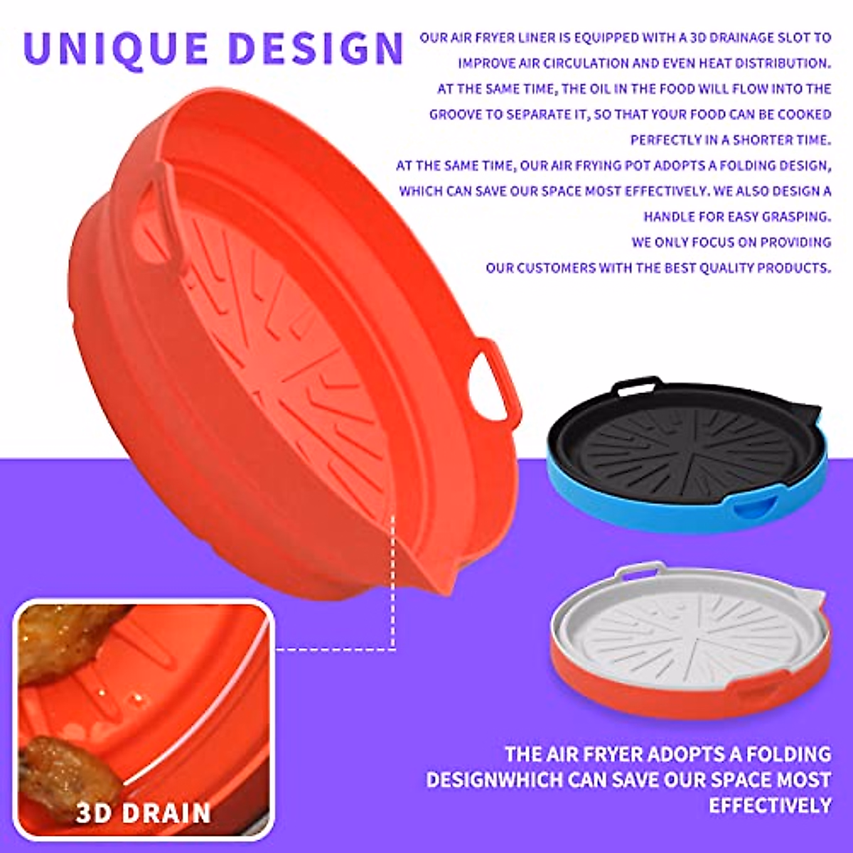 Karjraxrn 2-pack Air Fryer Silicone Liners 8.5 in Folding Air Fryer Silicone Pot, Food Safe Air Fryer Silicone Basket More Space Saving Reusable Air Fryers Oven Accessories (Blue+Black)