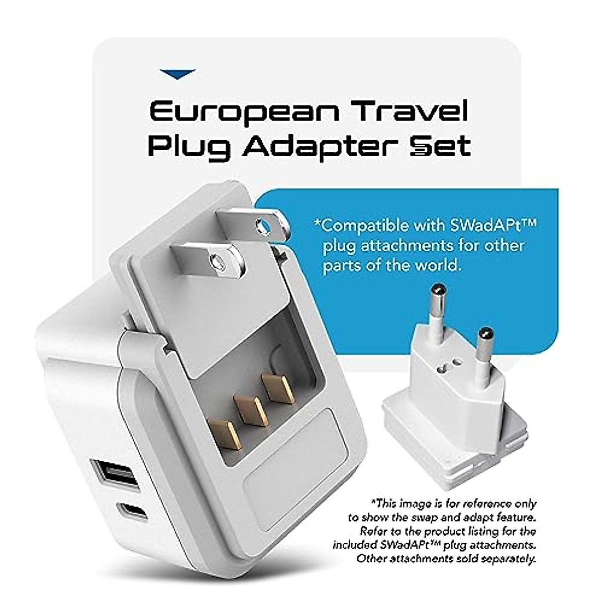 Ceptics European Plug Travel Adapter Set, 20W PD & QC, Safe Dual USB & USB-C - 2 USA Socket - Compact - Use in Germany, France, Italy, UK - Includes Type E/F, Type C, Type G SWadAPt Attachments
