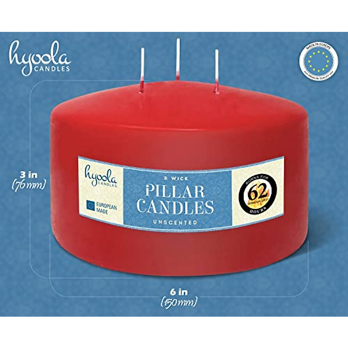 HYOOLA Red Three Wick Large Candle - 6 x 3 Inch - Unscented Big Pillar Candles - 62 Hour - European Made