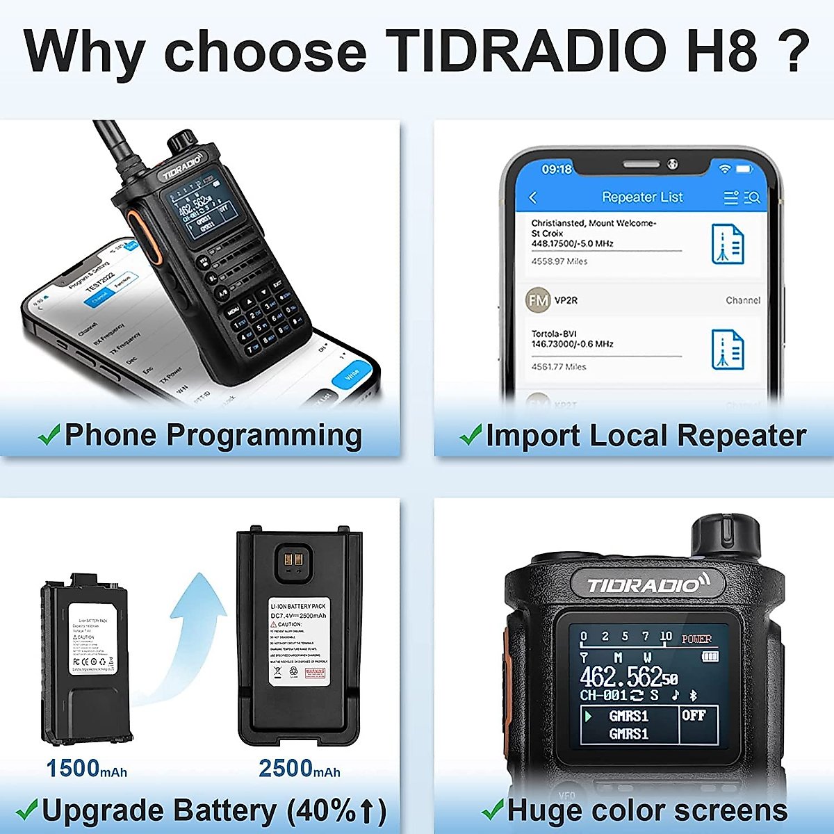 (2nd Gen)TIDRADIO TD-H8 GMRS Radio Handheld with Bluetooth Programming, GMRS Repeater Capable, NOAA, 5 Watt Long Range Two Way Radios Walkie Talkies with 771 GMRS Antenna, 2500mAh Rechargeable Battery