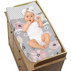 Sweet Jojo Designs Grey Watercolor Floral Girl Baby Nursery Changing Pad Cover - Blush Pink Gray and White Shabby Chic Rose Flower Polka Dot Farmhouse