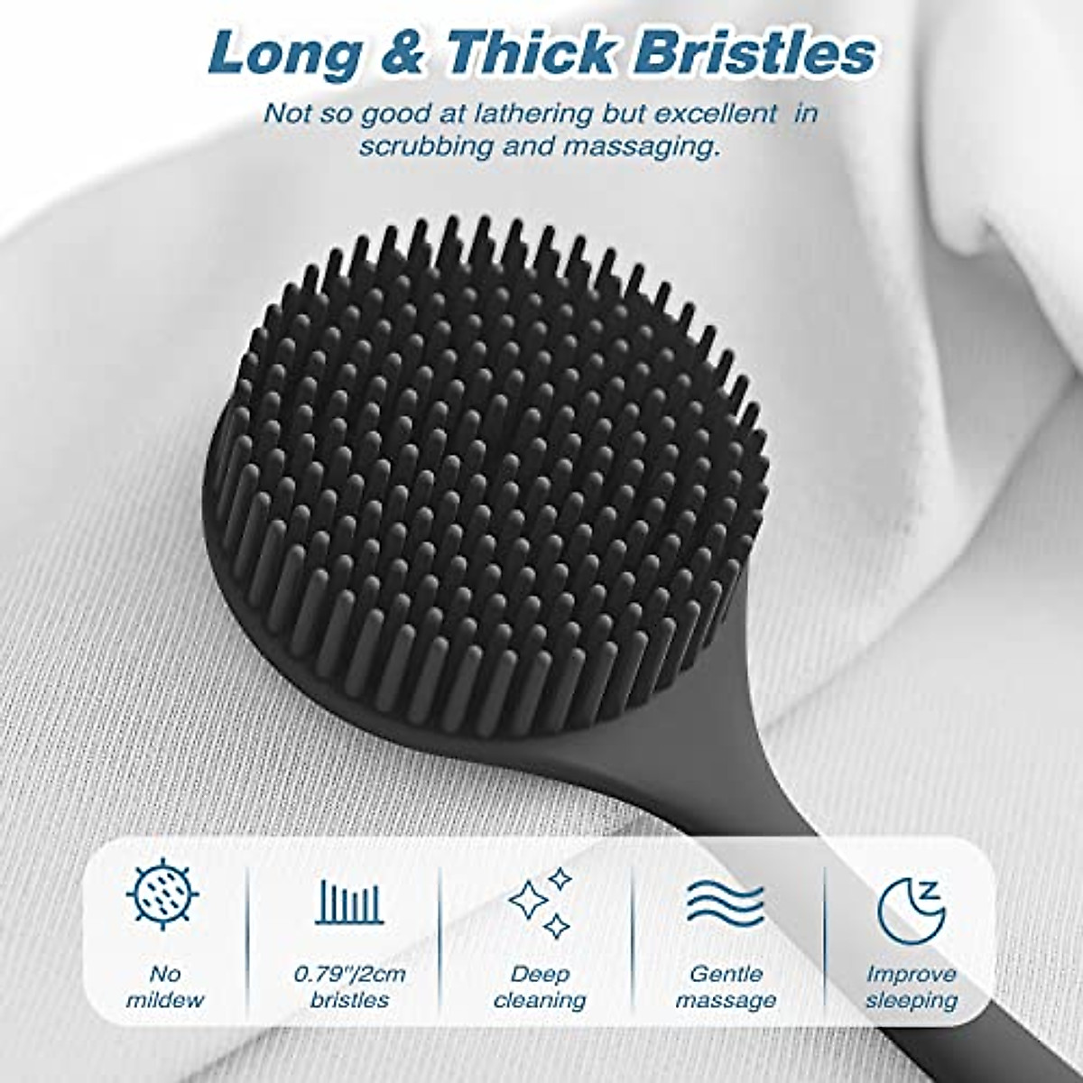 ManmiHealth Silicone Back Scrubber for Shower(Thick Bristles), Body Scrubber with 15'' Long Handle, Light & Easy-to-Hold Shower Brush for Skin Exfoliating and Massaging, Not Good in Lathering.(Black)