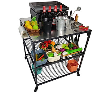 JAQKITU Movable Food Prep and Work Cart Table Stainless Steel Grill Cart Modular Table with Wheels Commercial Kitchen Table Heavy Duty Grill Cart Outdoor Cart
