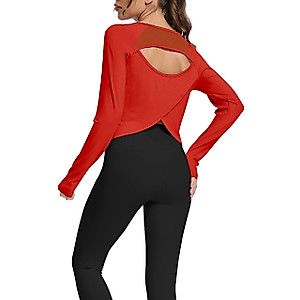 Mippo Womens Long Sleeve Workout Shirts Athletic Shirt Yoga Top Gym Wear Open Back Workout Top Cropped Workout Top Work Out Tshirts Pilates Clothes for Women Red L